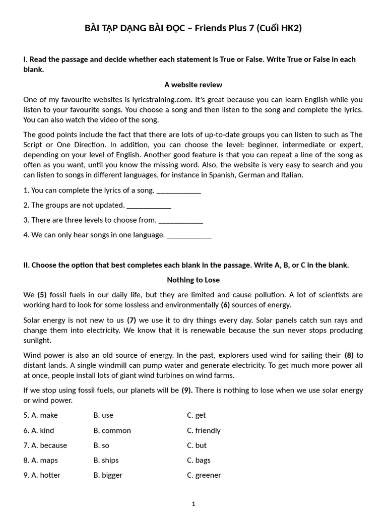 BÀI ĐỌC Friends Plus 7 | PDF | Wind Power | Energy Development