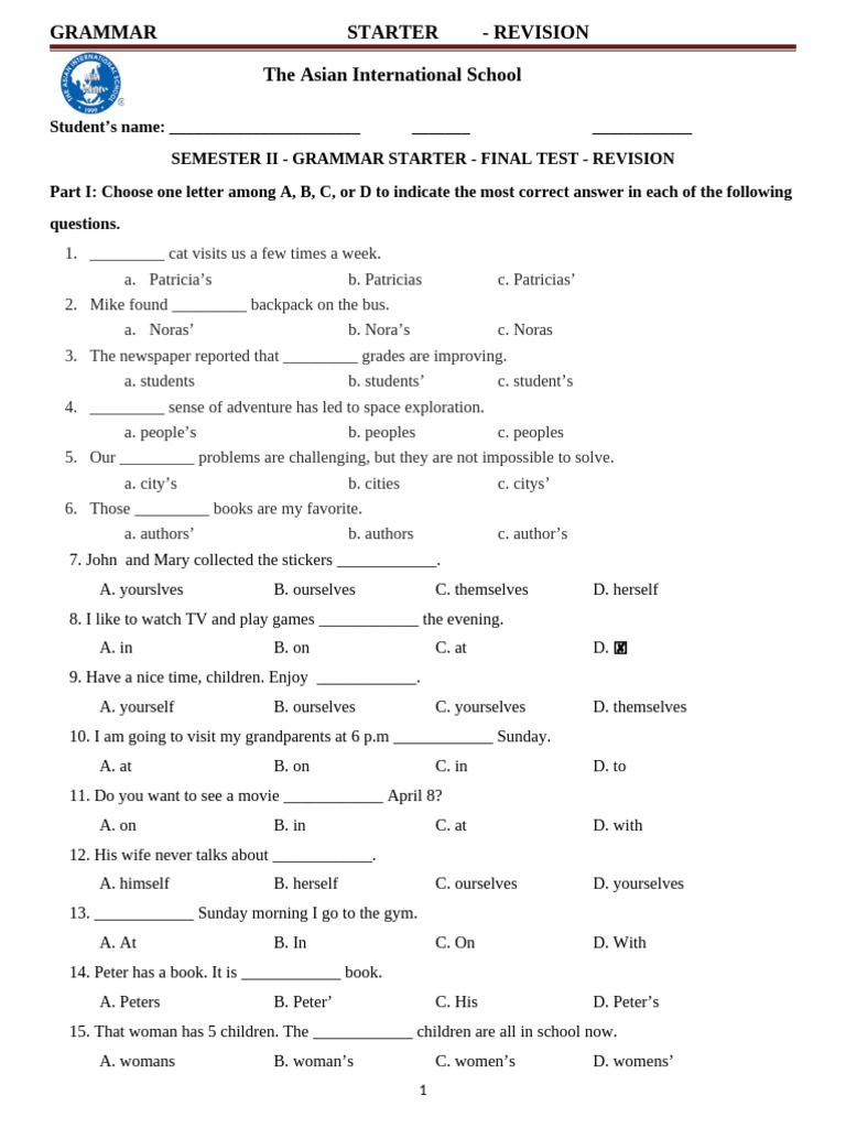 Grammar Starter Revision Test | PDF | Pronoun | Linguistic Morphology