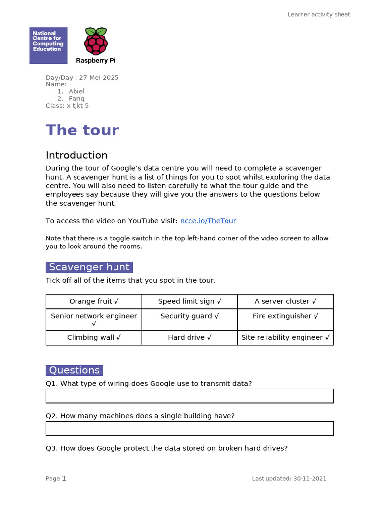 Data Center Activity Sheet - The Tour | PDF