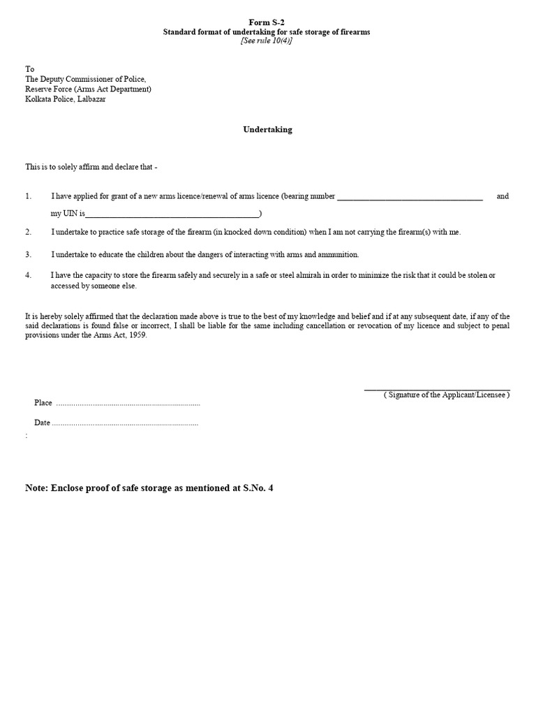 Standard Format of Undertaking For Safe Storage of Firearms: Form S-2 | PDF