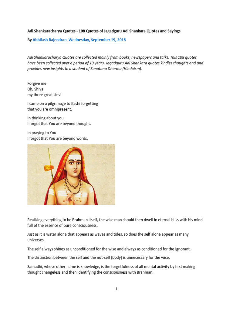108 Inspirational Quotes by Shankaracharya | PDF | Brahman | Ātman ...