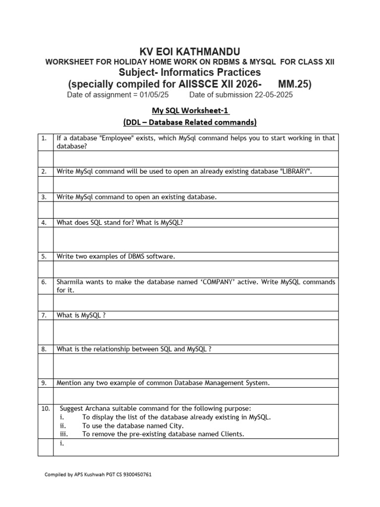 Holiday Assignment For Class Xii B C Ip Xii 2026 | PDF | Table (Database) | Relational Database