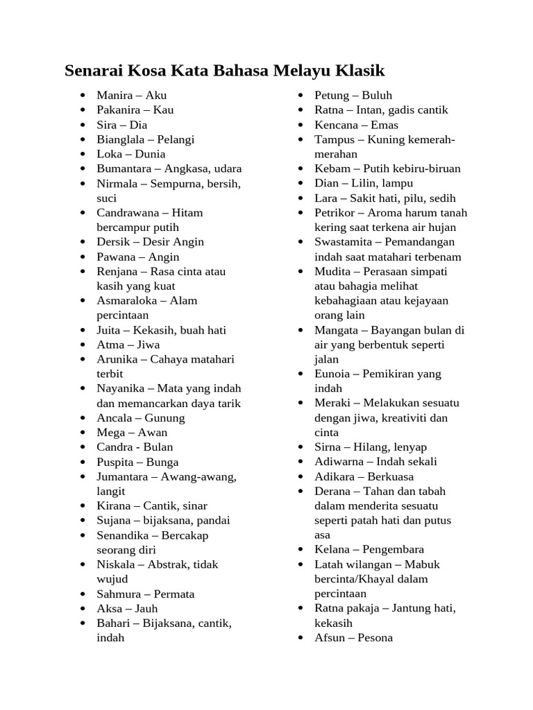 Senarai Kosa Kata Bahasa Melayu Klasik | PDF