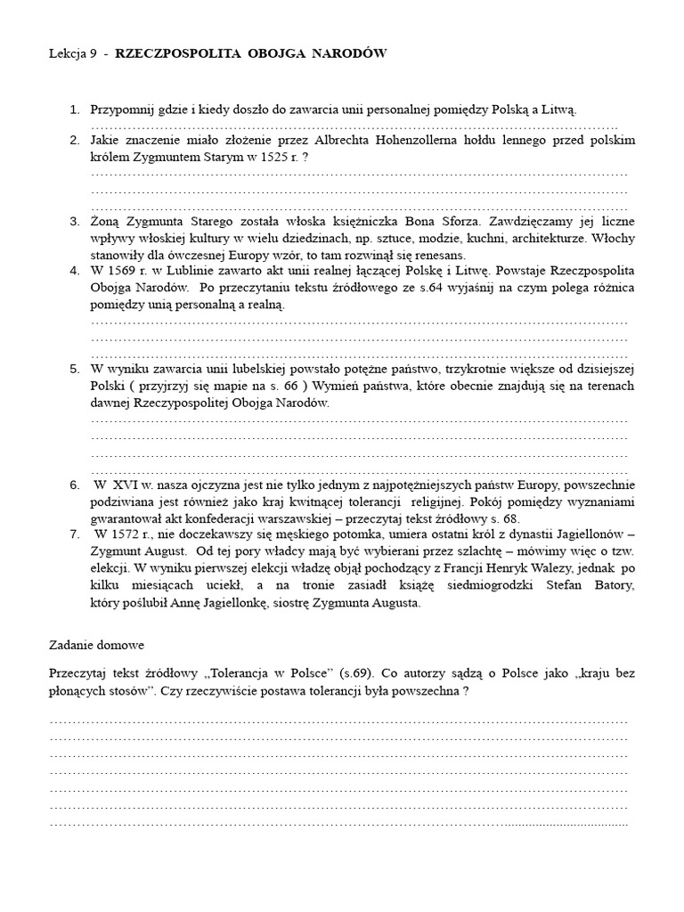 Lekcja 9 - RZECZPOSPOLITA OBOJGA NARODÓW | PDF