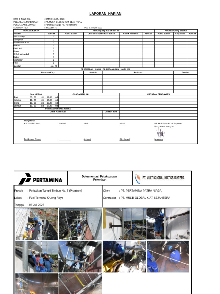 Laporan Harian PT Multi Global Kiat Sejahtera | PDF