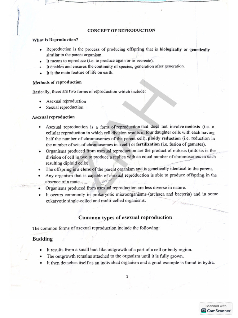 Bio 101 Concept of Reproduction Note - 070948 | PDF