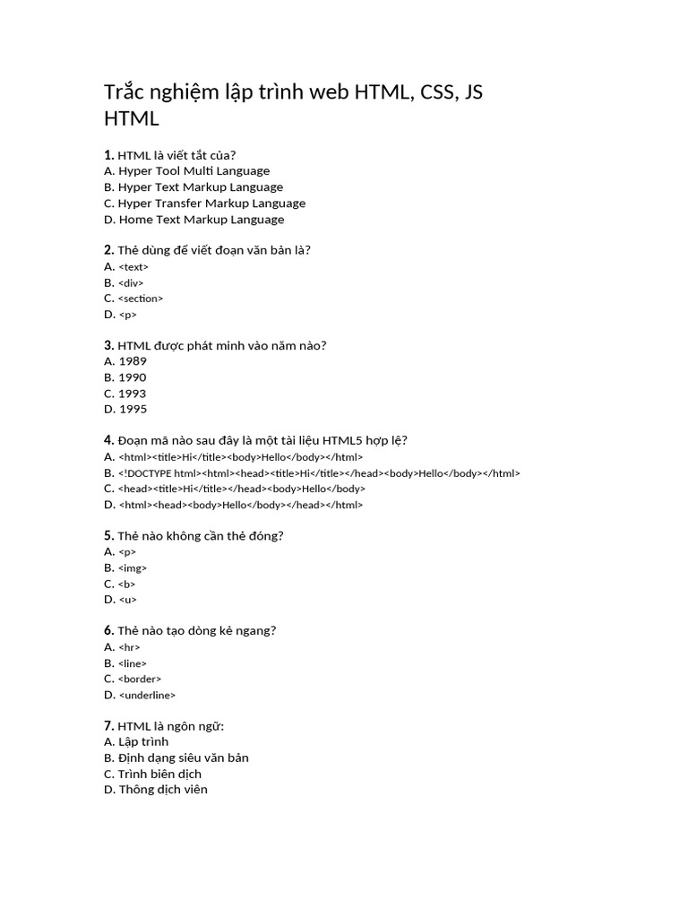 Trắc Nghiệm Lập Trình Web HTML,CSS,JS | PDF