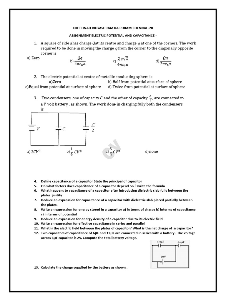 Electric Potential and Capacitance Assignment | PDF | Capacitor ...