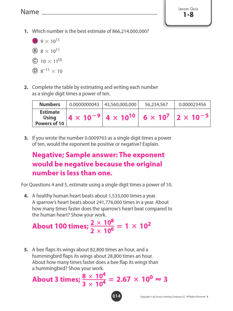 1-8 - Lesson Quiz - Answer Key | PDF