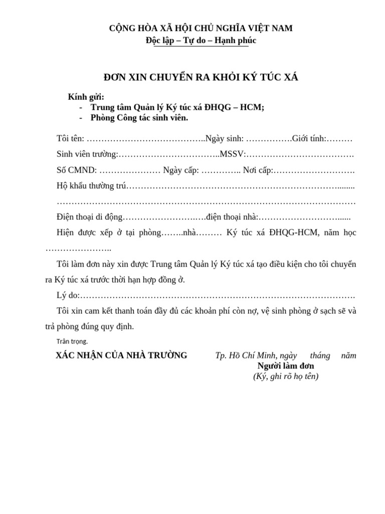 Đơn xin ra ktx trước hạn | PDF