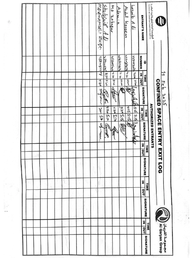 Confined Space Entry Log and Gas Test Log. | PDF