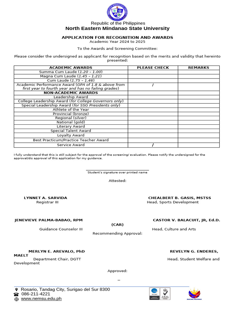Application For Recognition and Awards Form | PDF | Vocational ...
