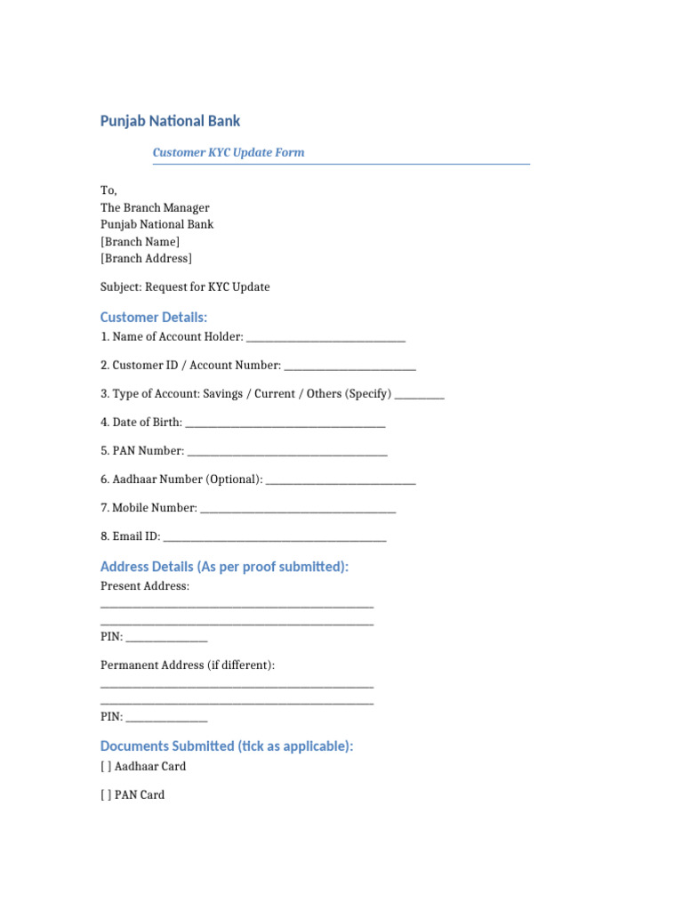 PNB KYC Update Form | PDF