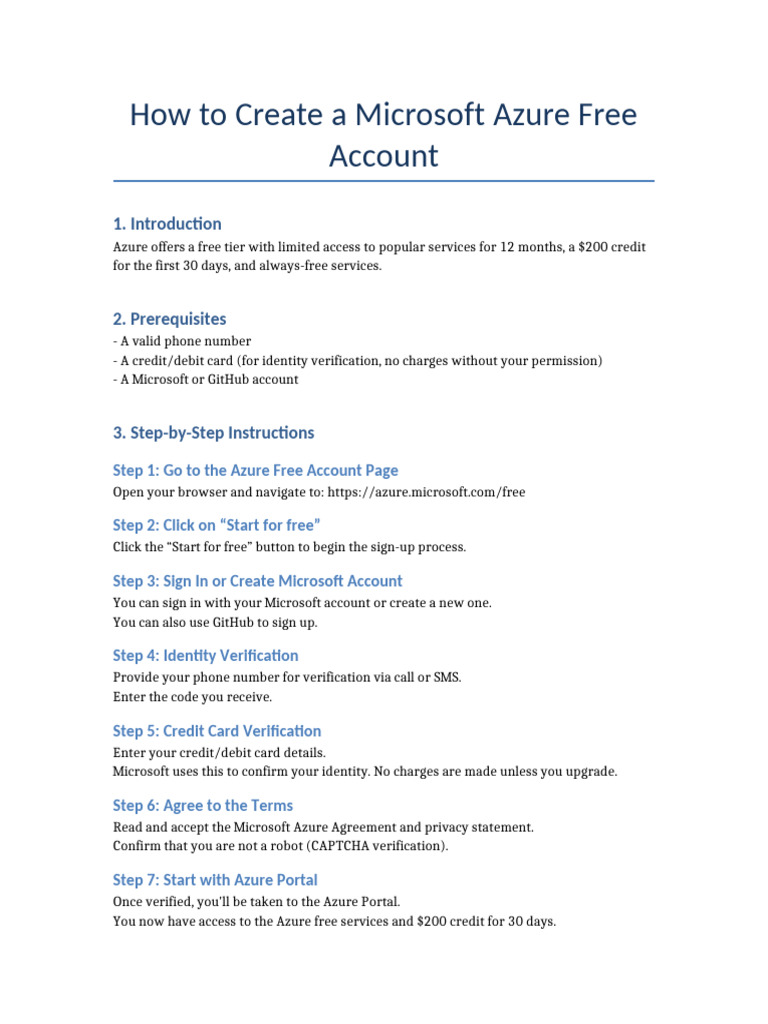 Azure Free Account Creation Guide | PDF