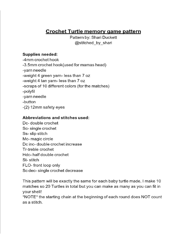 Crochet Turtle Memory Game Pattern | PDF