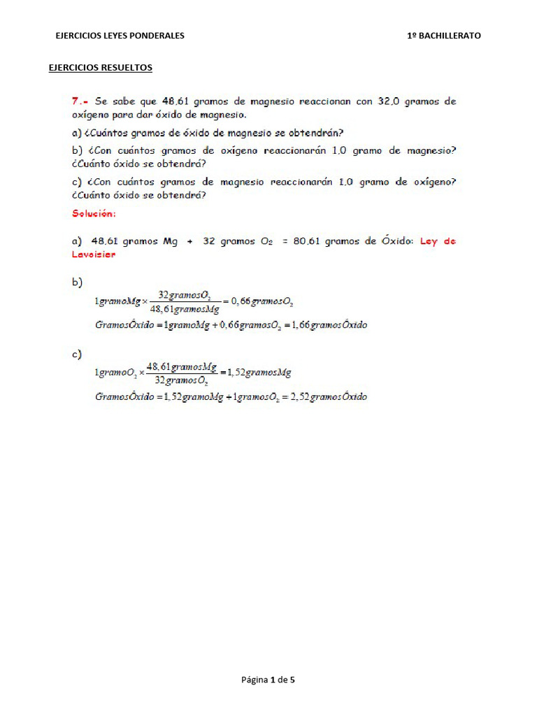EJERCICIOS RESUELTOS Y NO LEYES PONDERALES - Cast | PDF | Oxígeno | Magnesio