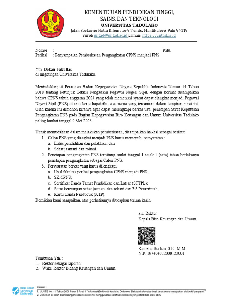 Surat Penyampaian Pengangkatan PNS | PDF