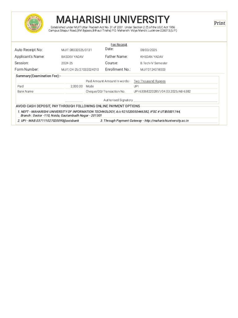 Exam Fee Receipt 2025 | PDF