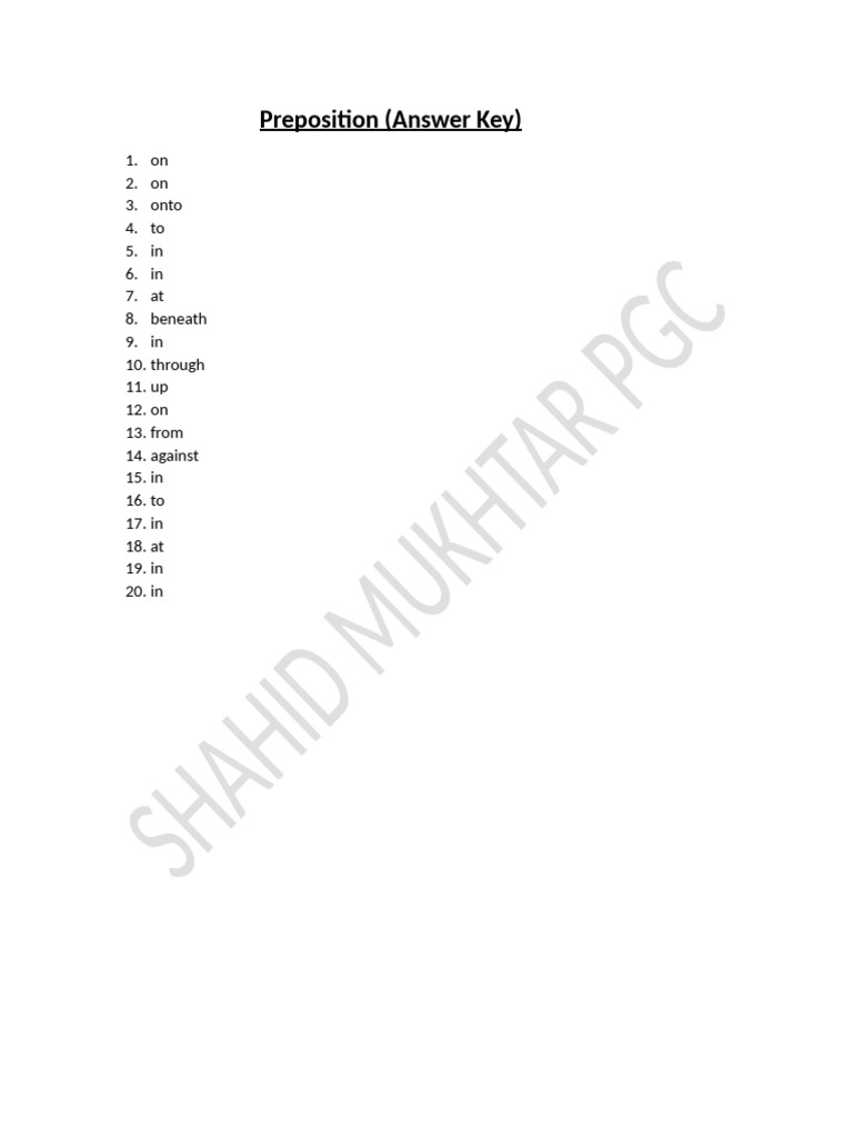 Preposition Answer Key | PDF