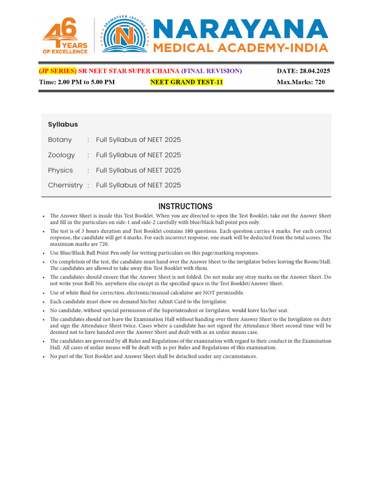 (Jp Series) Sr Neet Star Super Chaina Final Revision (Gt-11) q.p Ex.dt ...