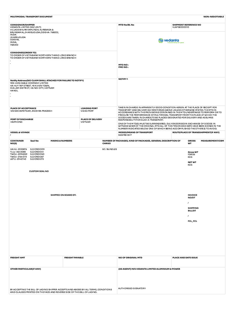 Multimodal Transport Document for Shipment | PDF | Cargo | Bill Of Lading