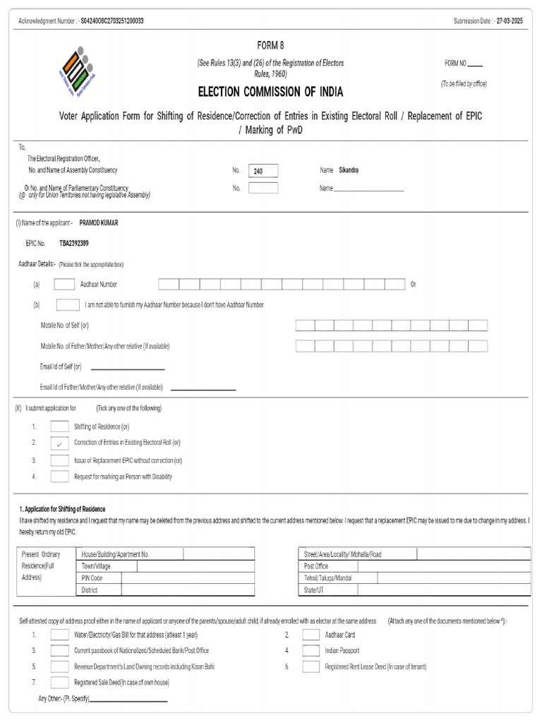 Correction Photo in Voter Id Form8 - S04240o8c2703251200033 | PDF ...