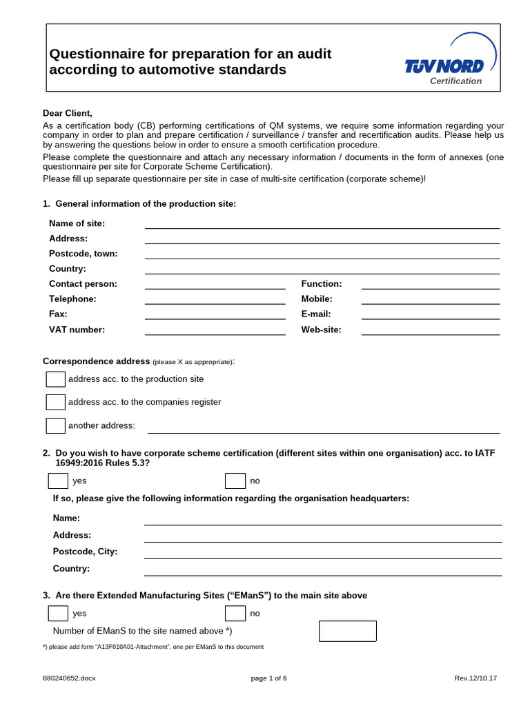IATF 16949 Audit Preparation Questionnaire | PDF