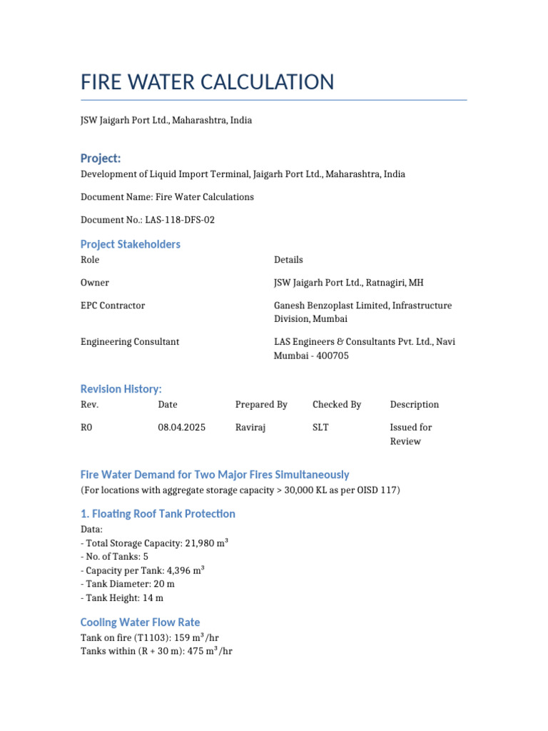 Fire Water Capacity Calculation for JSW | PDF