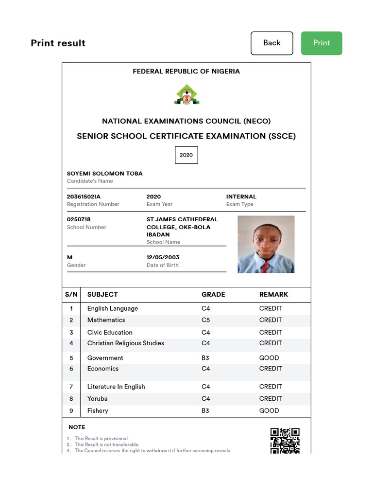 NECO Results Portal | PDF