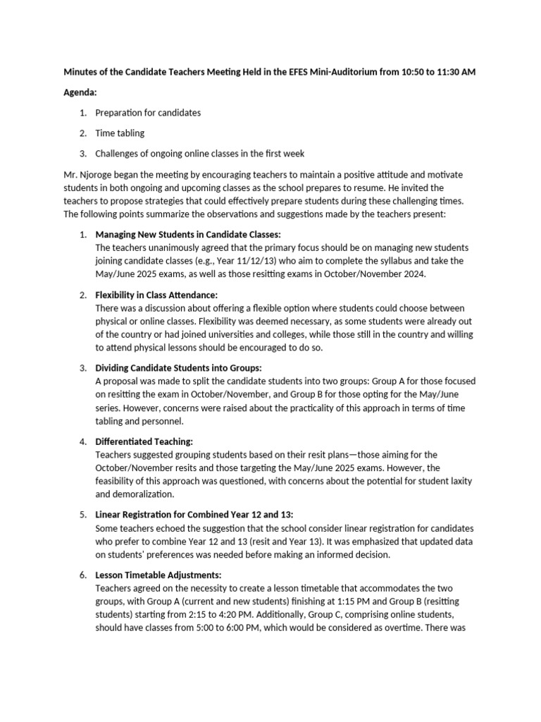 Minutes of The Candidate Teachers Meeting Held in The EFES Mini | PDF ...
