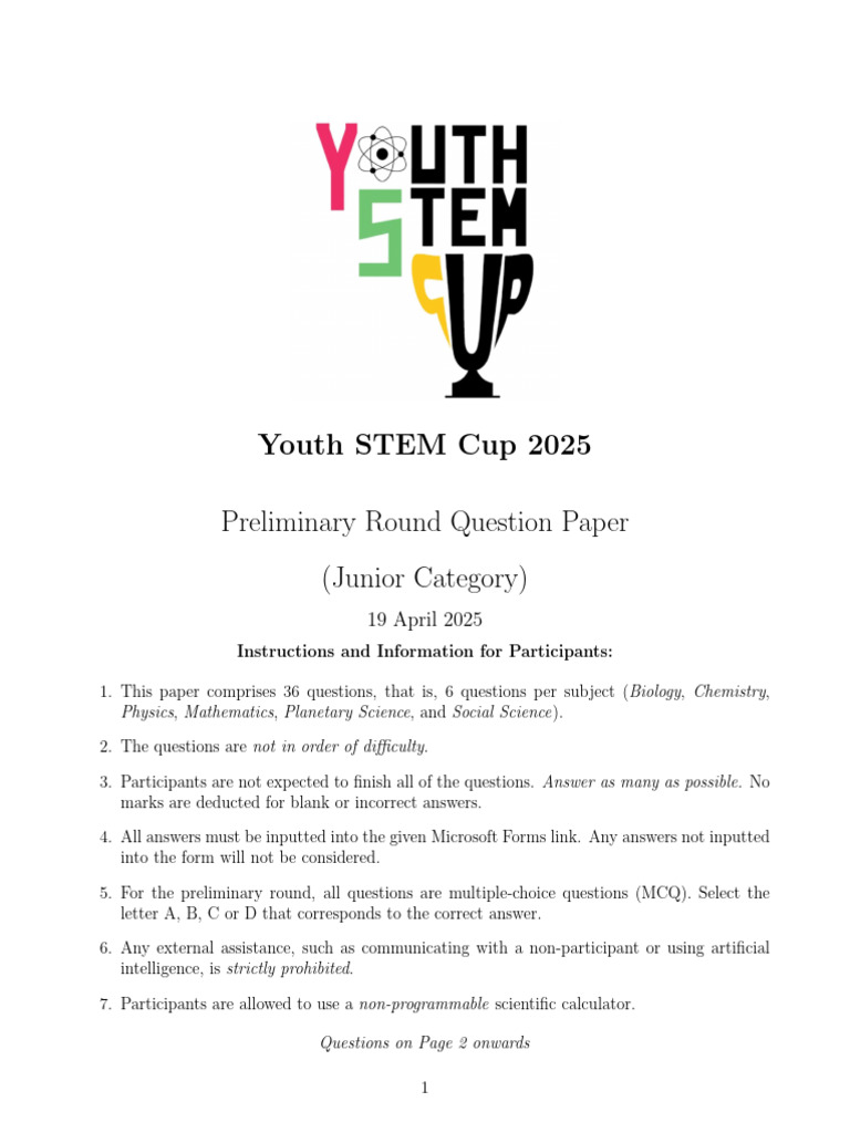 YSC 2025 Preliminary Round (Junior) - Unlocked | PDF | Influenza | Alkane