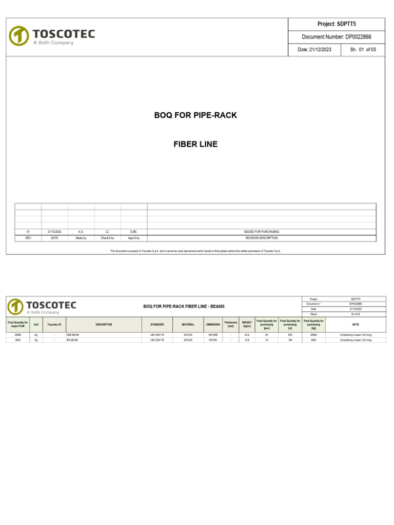 DP0022866-BOQ PIPE RACK MATERIAL LIST-SDPTT5 Rev.01 | PDF