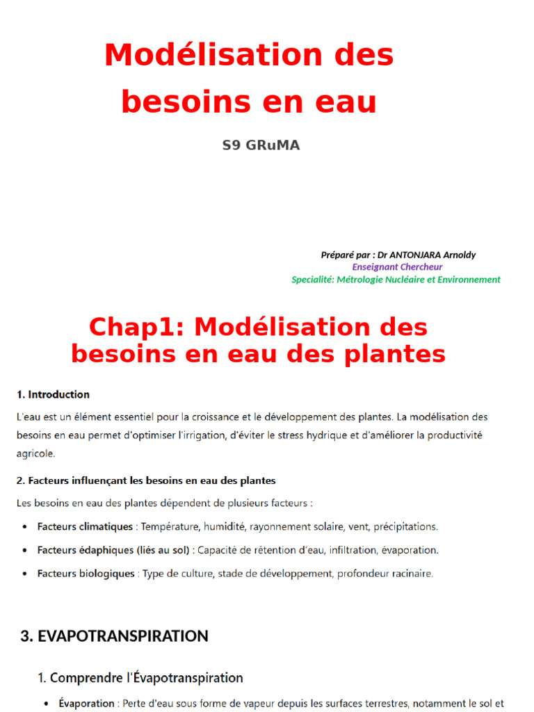 Modélisation des besoins en eau des plantes | PDF