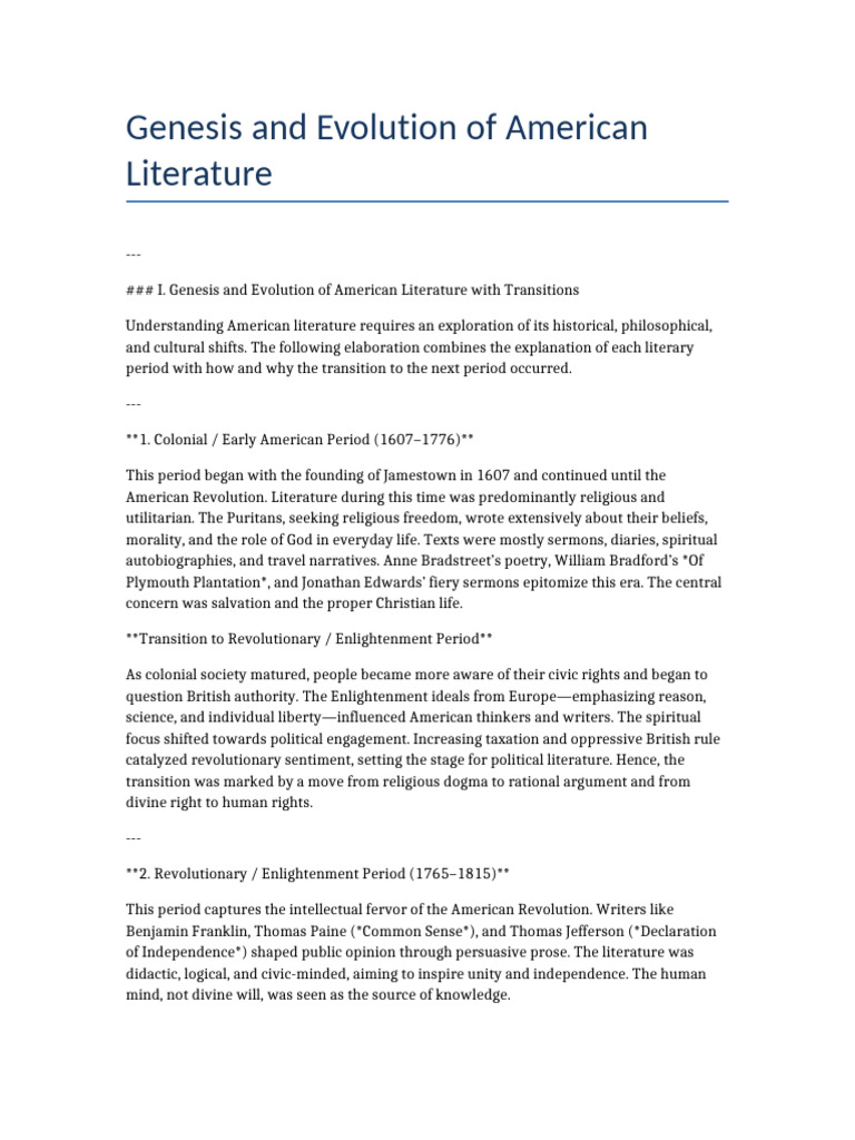 Genesis and Evolution of American Literature | PDF | Romanticism ...
