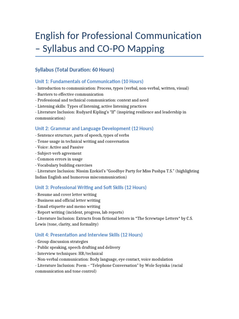 Professional Communication Course Syllabus | PDF
