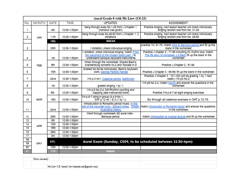 Lesson Plan Jan-May 2025 - Sat G6 Aural 12nn-3 | PDF | Johann Sebastian Bach | Performing Arts