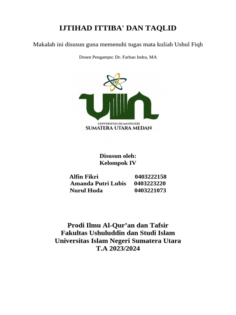 Makalah Kelompok 4 - Ijtihad, Ittiba Dan Taqlid | PDF