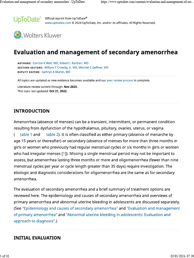 Evaluation and Management of Secondary Amenorrhea | PDF | Medical ...