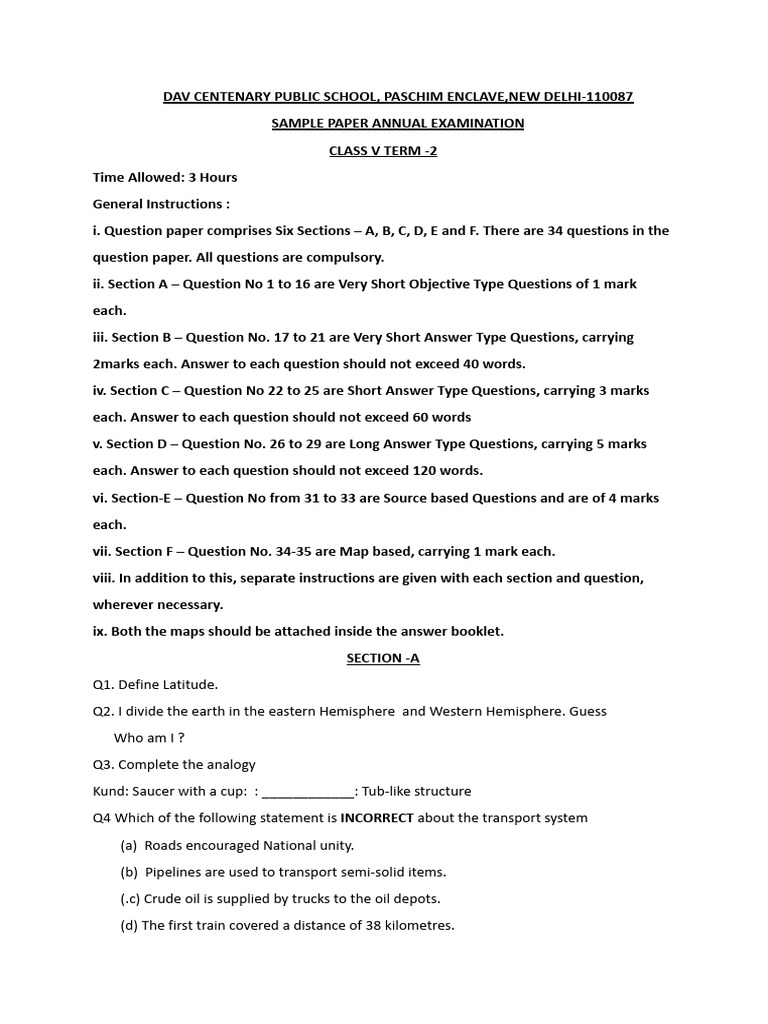 Annual Sample Paper Class 5 | PDF | Rotation | Earth