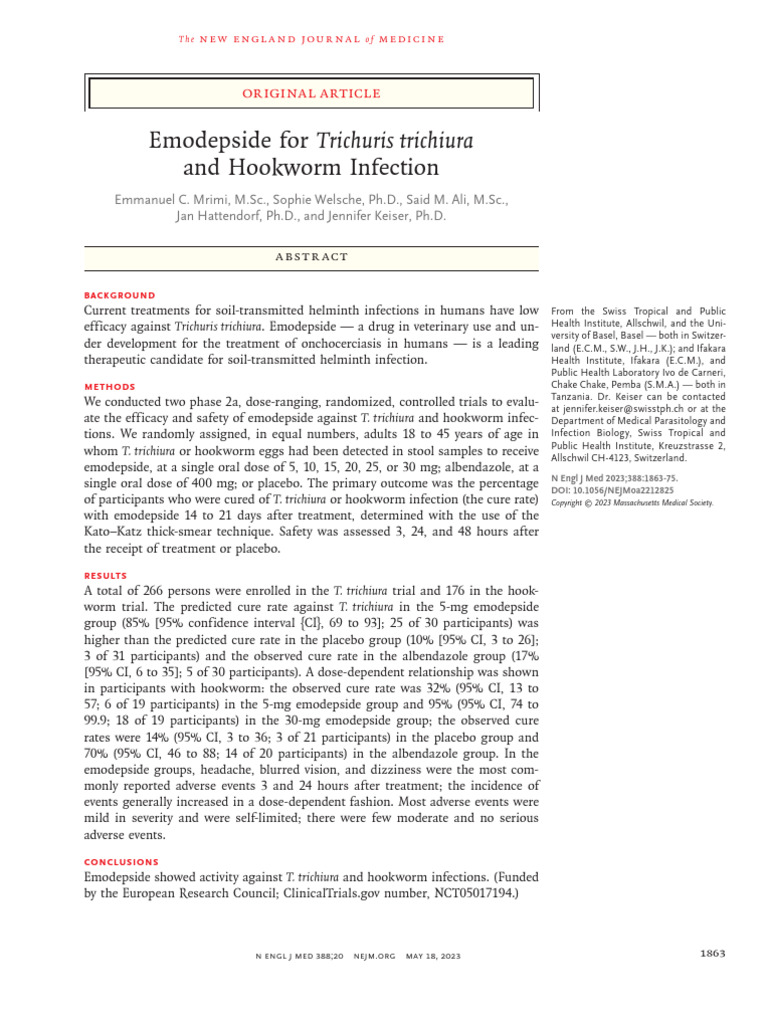 Emodepside For Trichuris Trichiura and Hookworm Infectio | PDF ...
