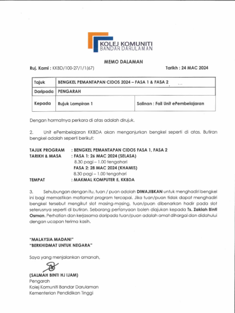 Memo Bengkel Pemantapan Cidos 2024 | PDF