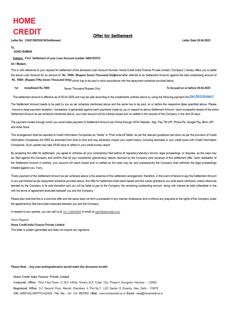 Home Credit Loan Settlement Offer | PDF