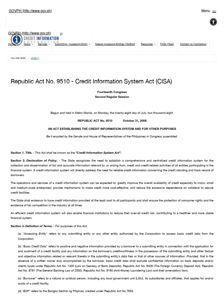 Republic Act No. 9510 - Credit Information System Act (CISA) - Credit ...