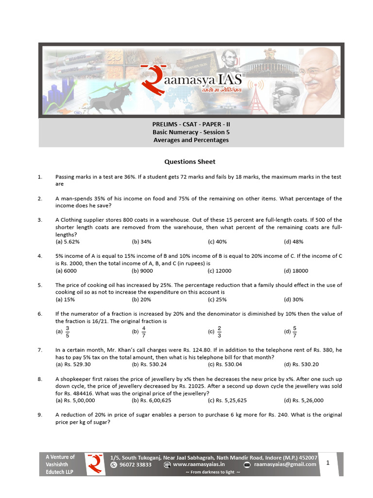 CSAT - Basic Numeracy - Session 5 - Averages and Percentages | PDF ...