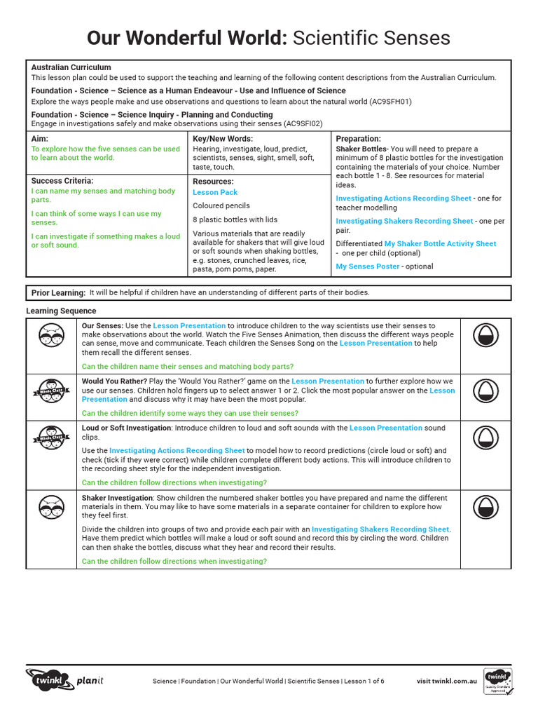 Lesson Plan Scientific Senses Australian Curriculum | PDF | Science ...