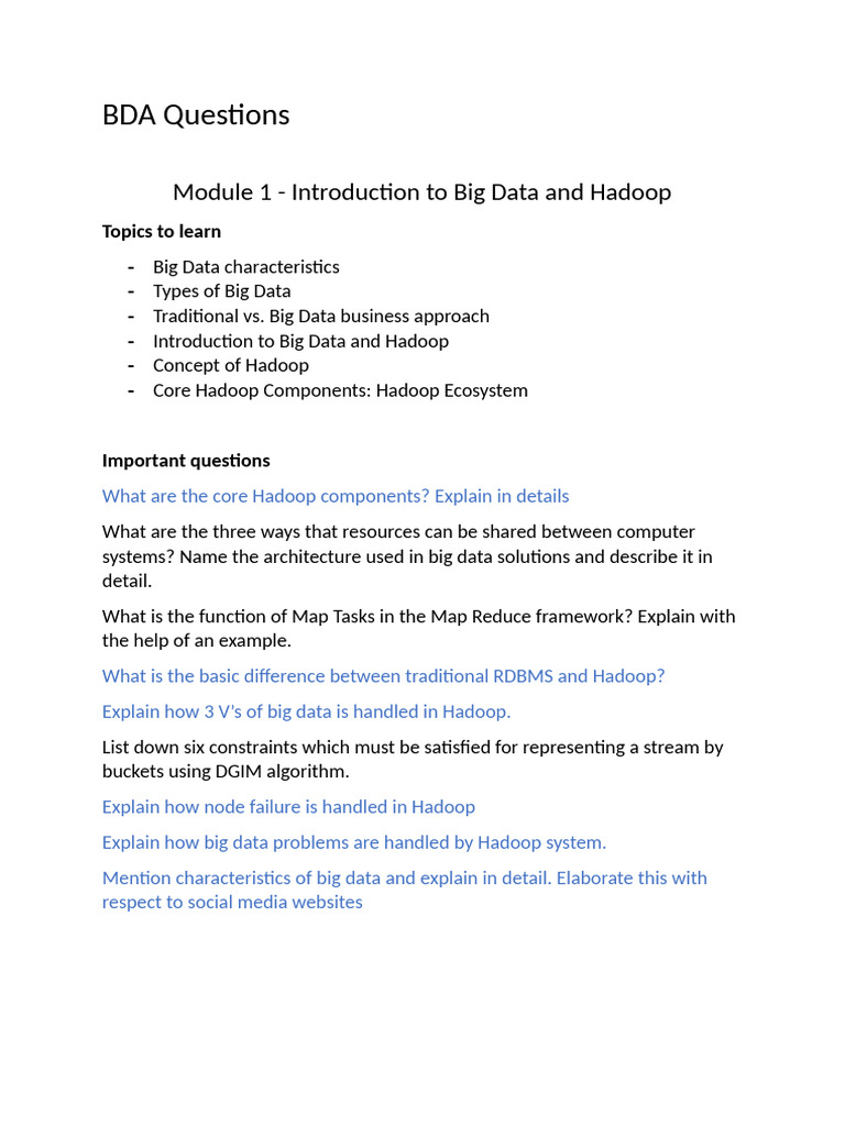BDA Questions | PDF | Apache Hadoop | Map Reduce
