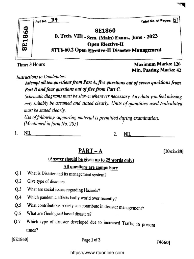 Btech 8 Sem Disaster Management 8e1860 Jun 2023 | PDF