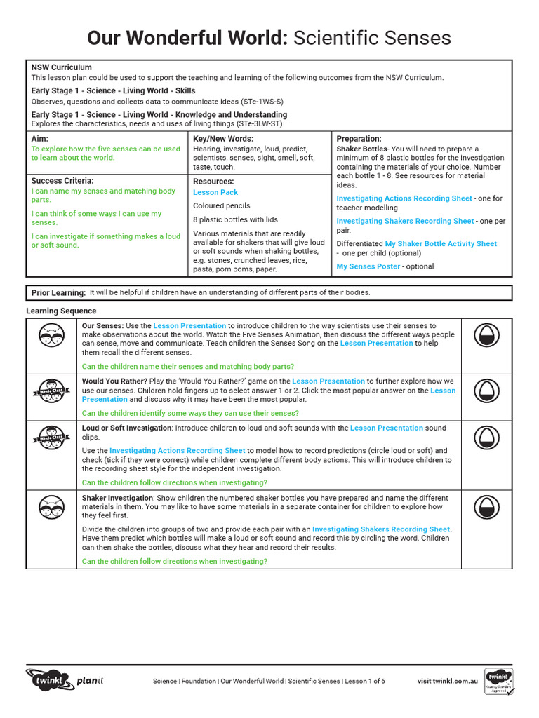 Lesson Plan Scientific Senses NSW Curriculum | PDF | Senses | Science