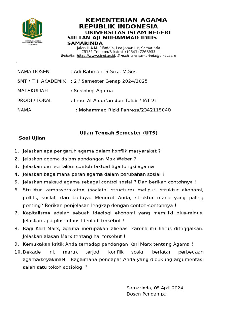 Mohammad Rizki Fahreza UTS Ilmu Al-Alqur'an Dan Tafsir - IAT 21 | PDF