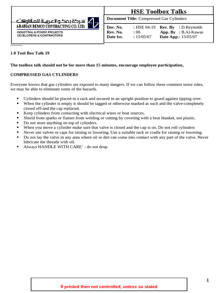 HSE Toolbox Talk 19_000 | PDF